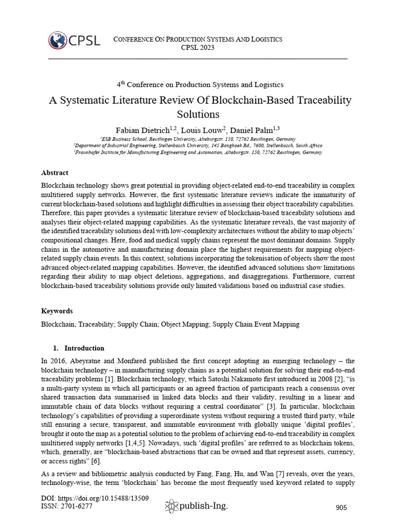 Dietrich 2023 CPSL-Literature Review of Blockchain-Based Traceability Solutions | Download Free ...