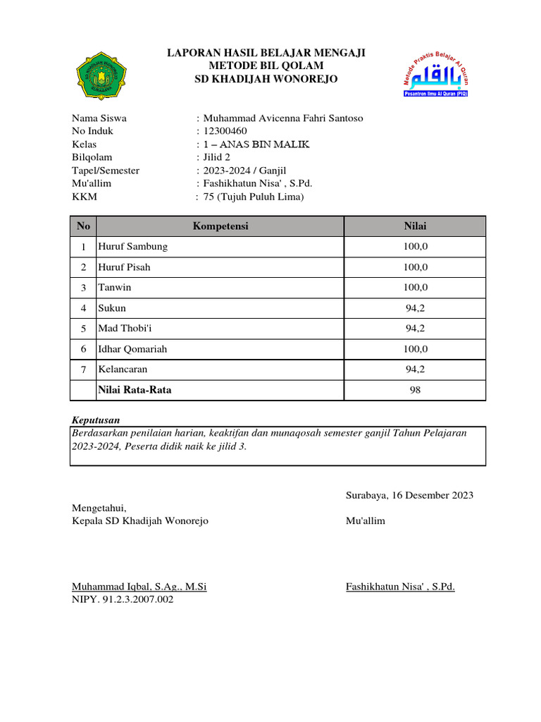 Form Rapor PBAQ Semester Ganjil 2023 - 2024 | PDF
