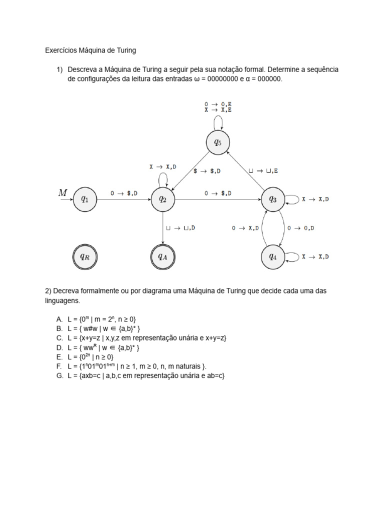 Exercícios Máquina de Turing | PDF | Métodos e Materiais de Ensino