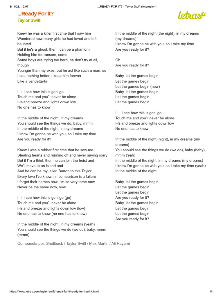 15 - ..READY FOR IT - Taylor Swift (Impresión) | PDF