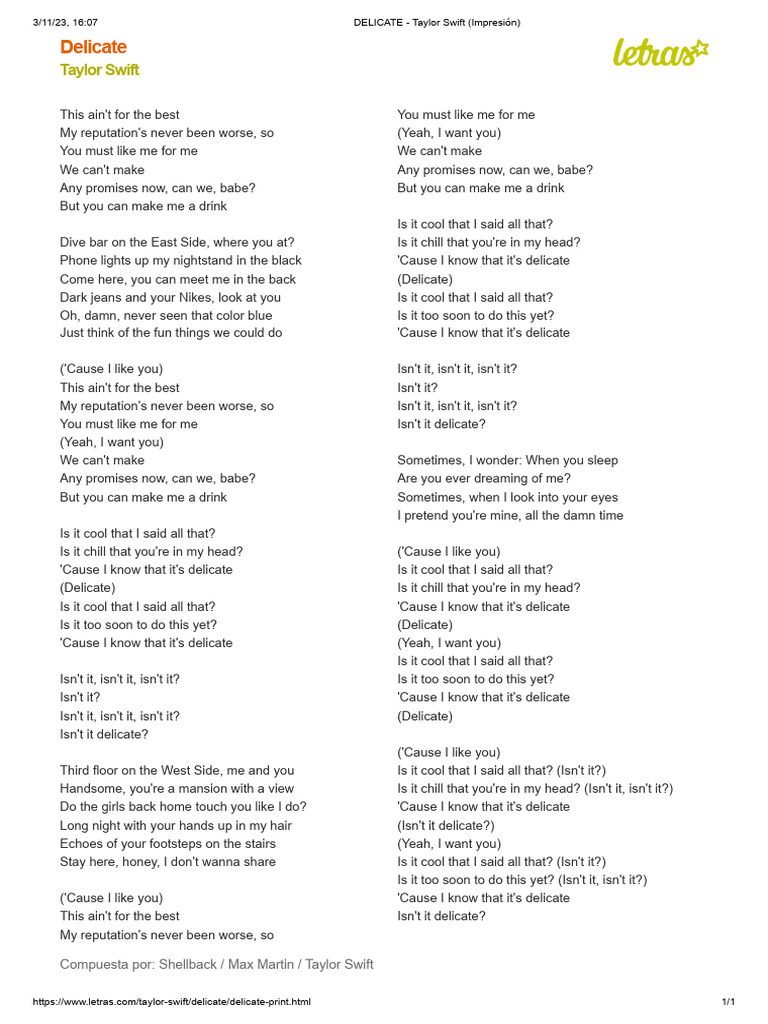 Taylor Swift's "Delicate" Lyrics | PDF
