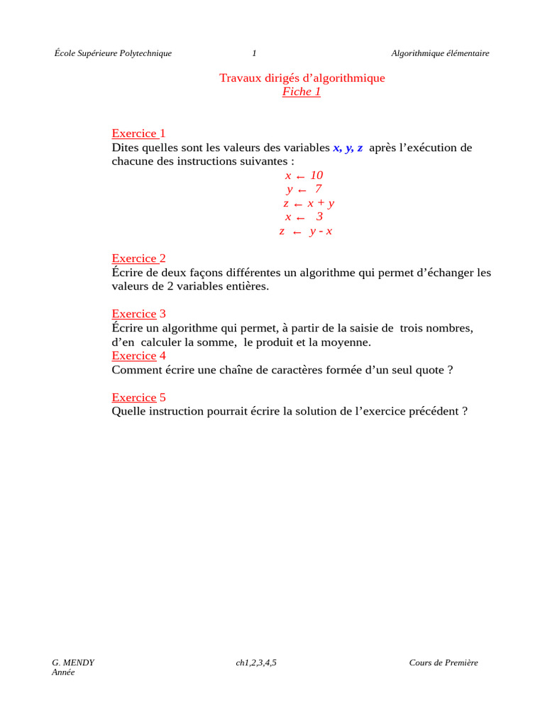 Fiche1 2 3 | PDF | Matrice (Mathématiques) | Algorithmes