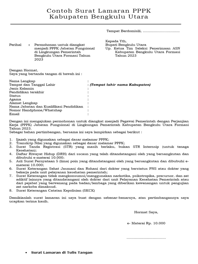 Contoh Surat Lamaran PPPK 2023 | PDF | Pengelolaan Keuangan & Uang | Politik