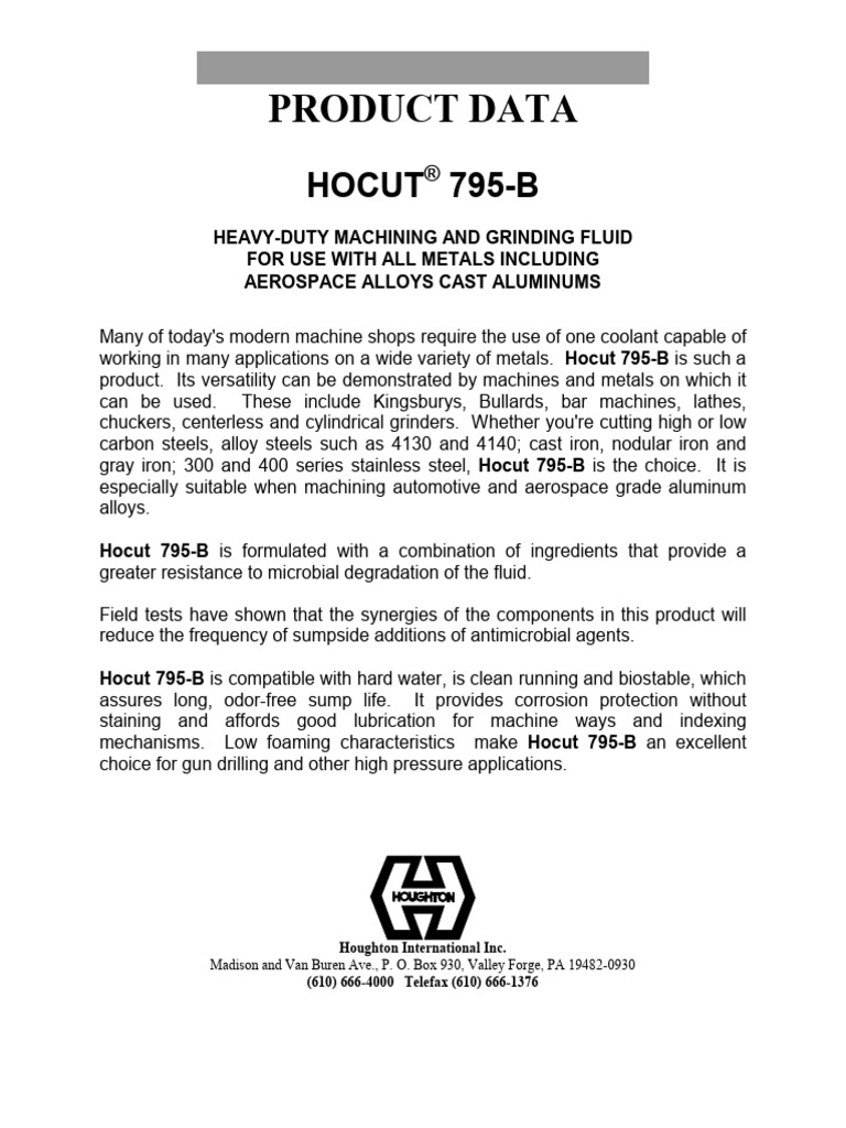Houghton Hocut 795 B Spec Sheet | PDF | Grinding (Abrasive Cutting ...
