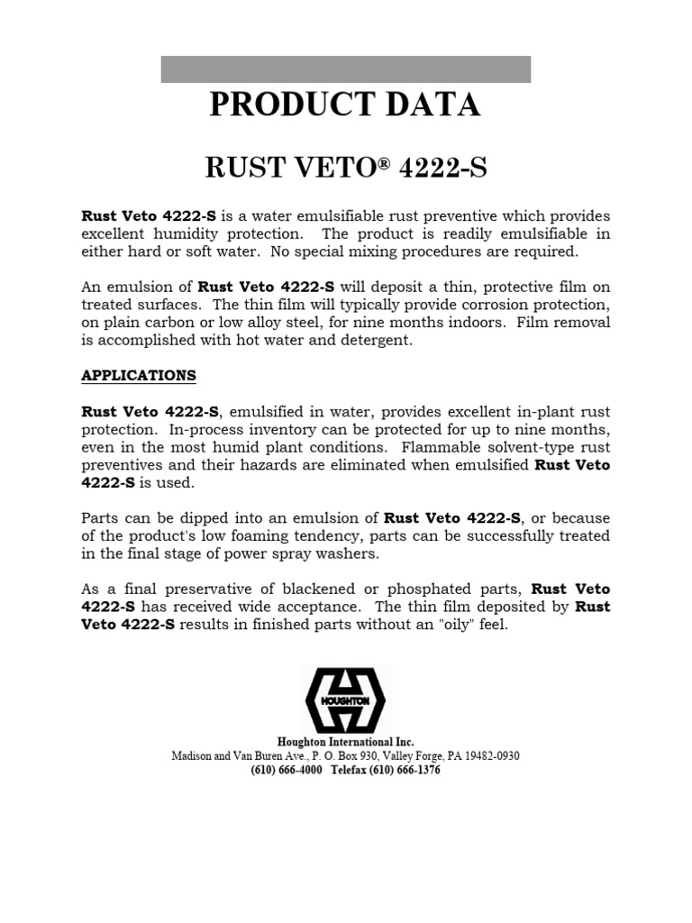 Houghton Rust Veto 4222 S Spec Sheet | PDF | Rust | Emulsion