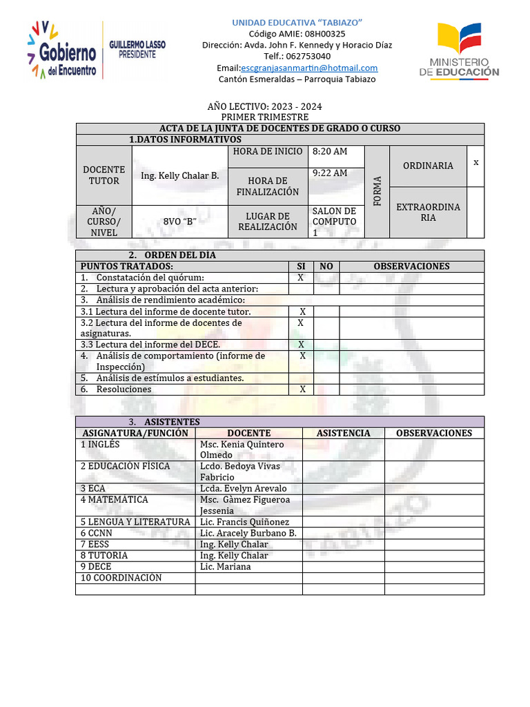 Acta de Junta de Curso 8vo B | PDF | Aprendizaje | Modificación de comportamiento