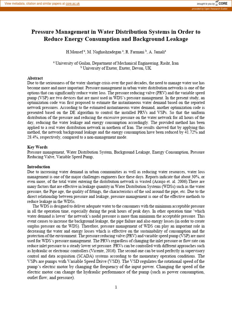 Pressure Management In Water Distribution To Reduce Energy And Background Leakage Pdf