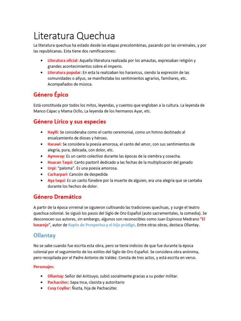 Literatura Quechua: Géneros y Obras | PDF