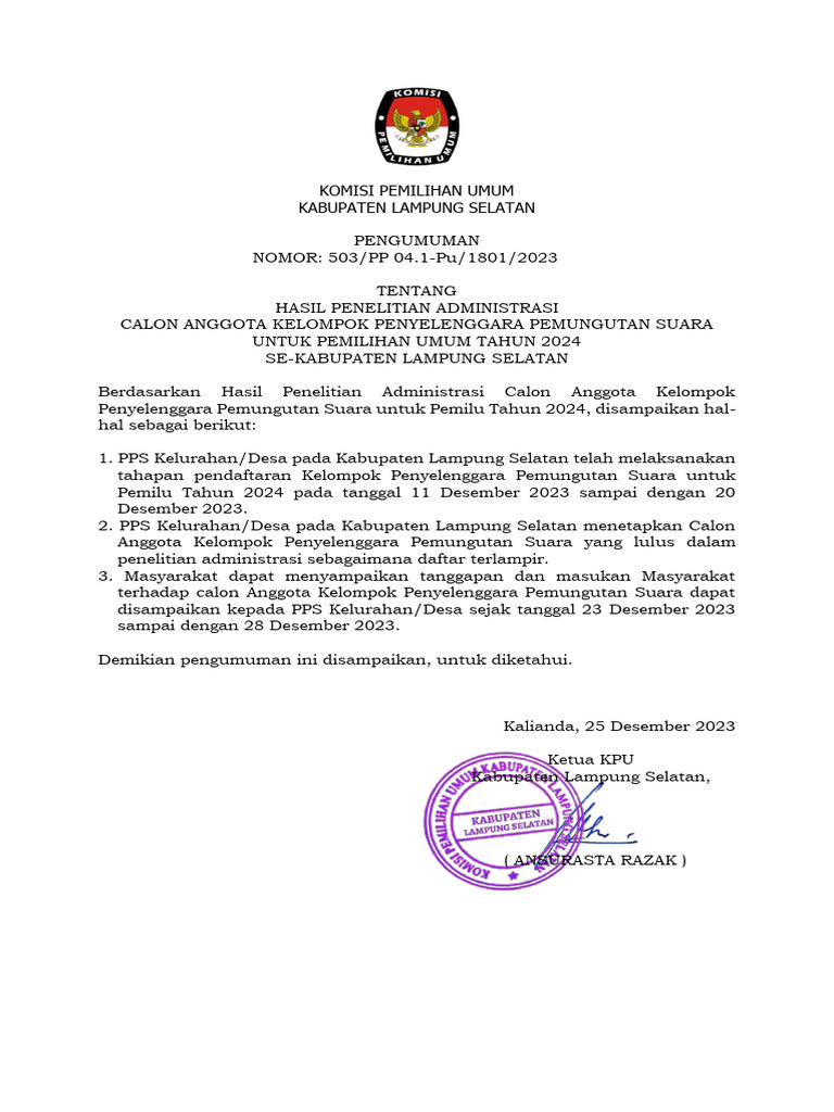 Pengumuman Hasil Seleksi Administrasi KPPS | PDF Pengumuman Hasil Seleksi Administrasi KPPS | PDF