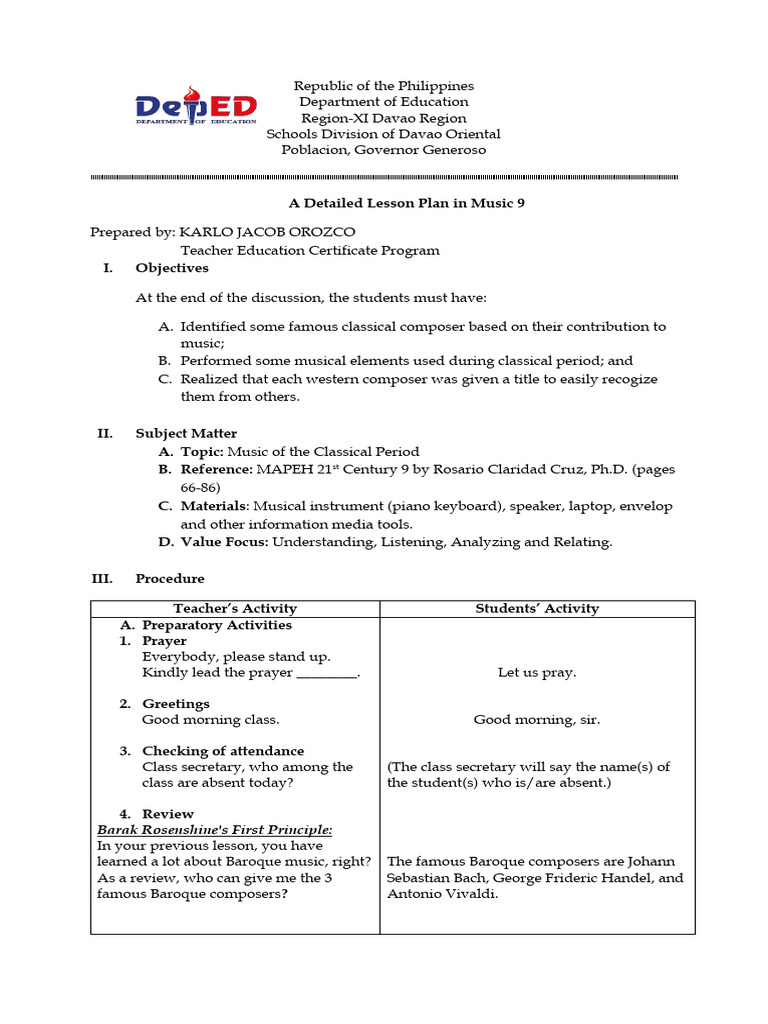 Music Lesson Plan: Classical Period | PDF | Classical Period (Music ...