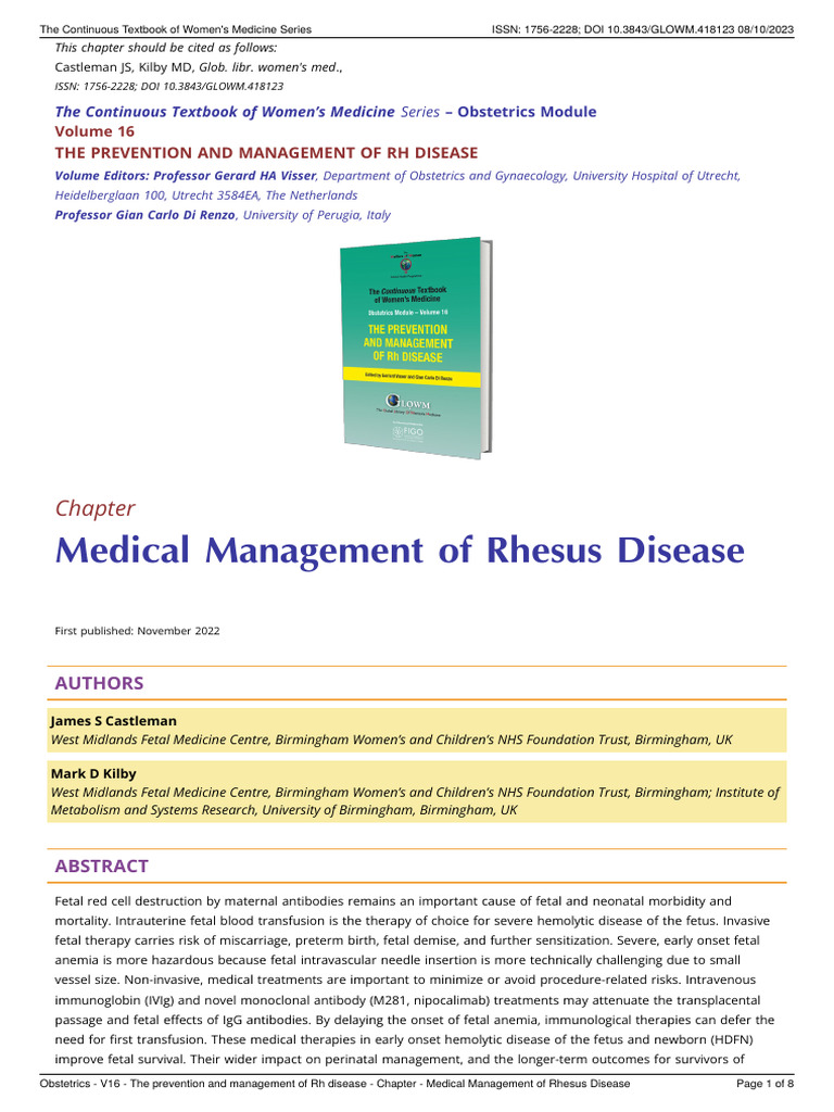 Obstetrics V16 The Prevention and Management of RH Disease Chapter Medical Management of Rhesus ...