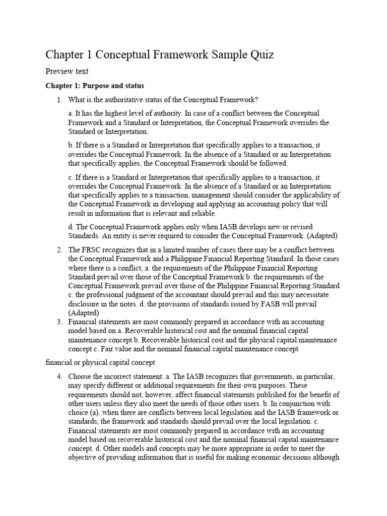 Chapter 1 Conceptual Framework Sample Quiz | PDF | Financial Statement | Historical Cost