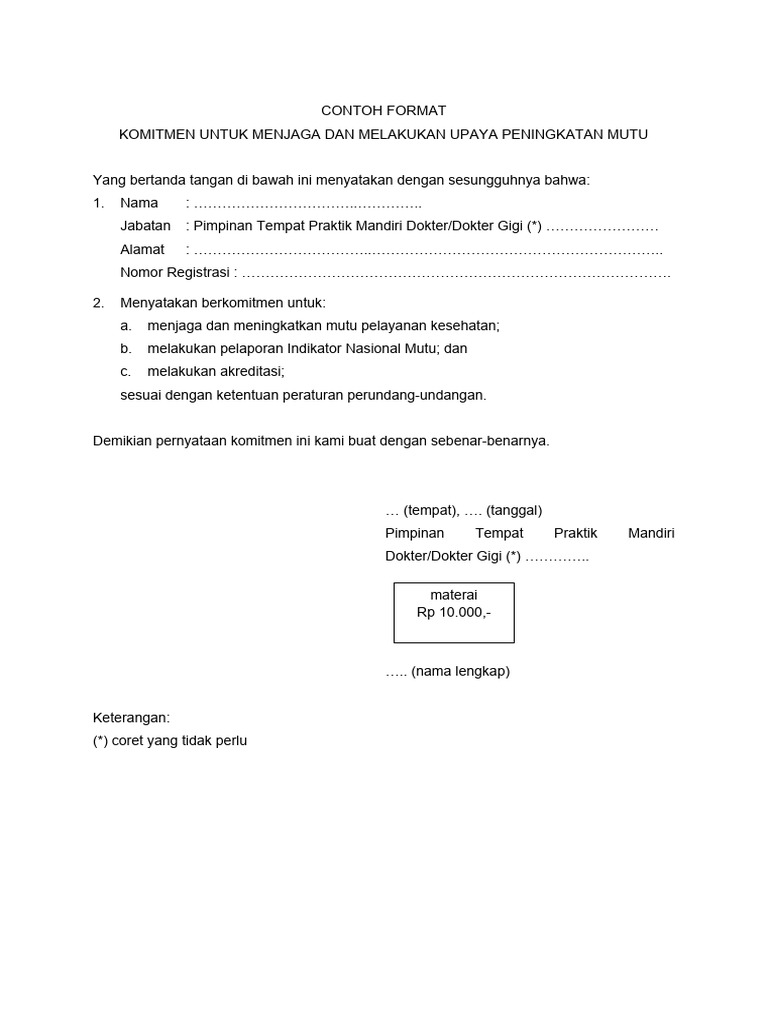 Contoh Pernyataan Komitmen Mutu TPMD | PDF
