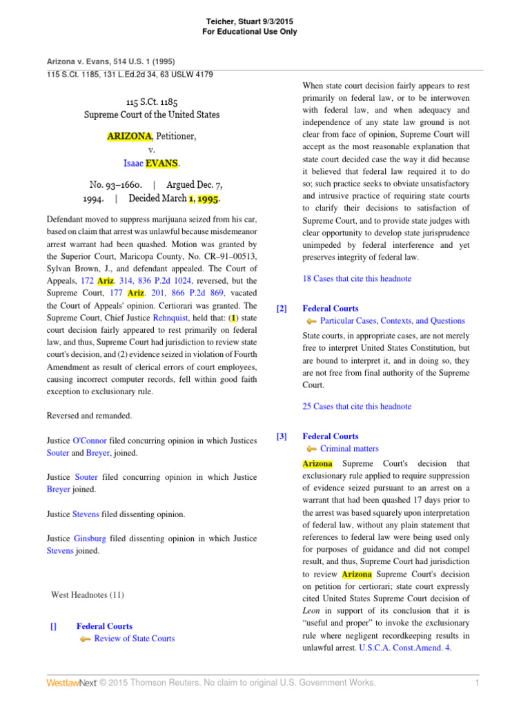 Arizona V Evans | PDF | Fourth Amendment To The United States ...