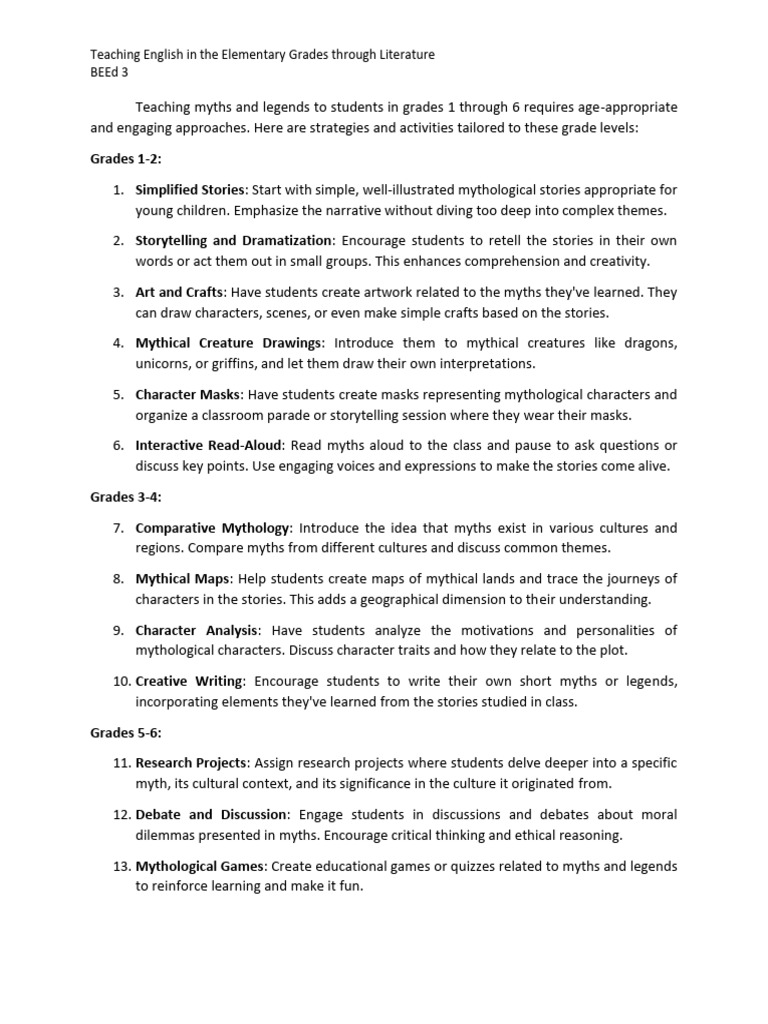 Strategies in Teaching Myth and Legends in Elementary Grades - 1 | PDF