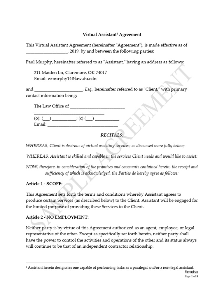 Fillable Virtual Assistant Contract | PDF | Trade Secret | Indemnity