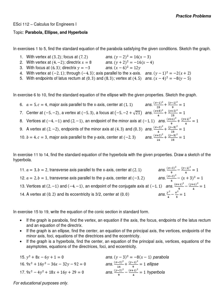 Parabola-Ellipse-Hyperbola - Practice Problems | PDF