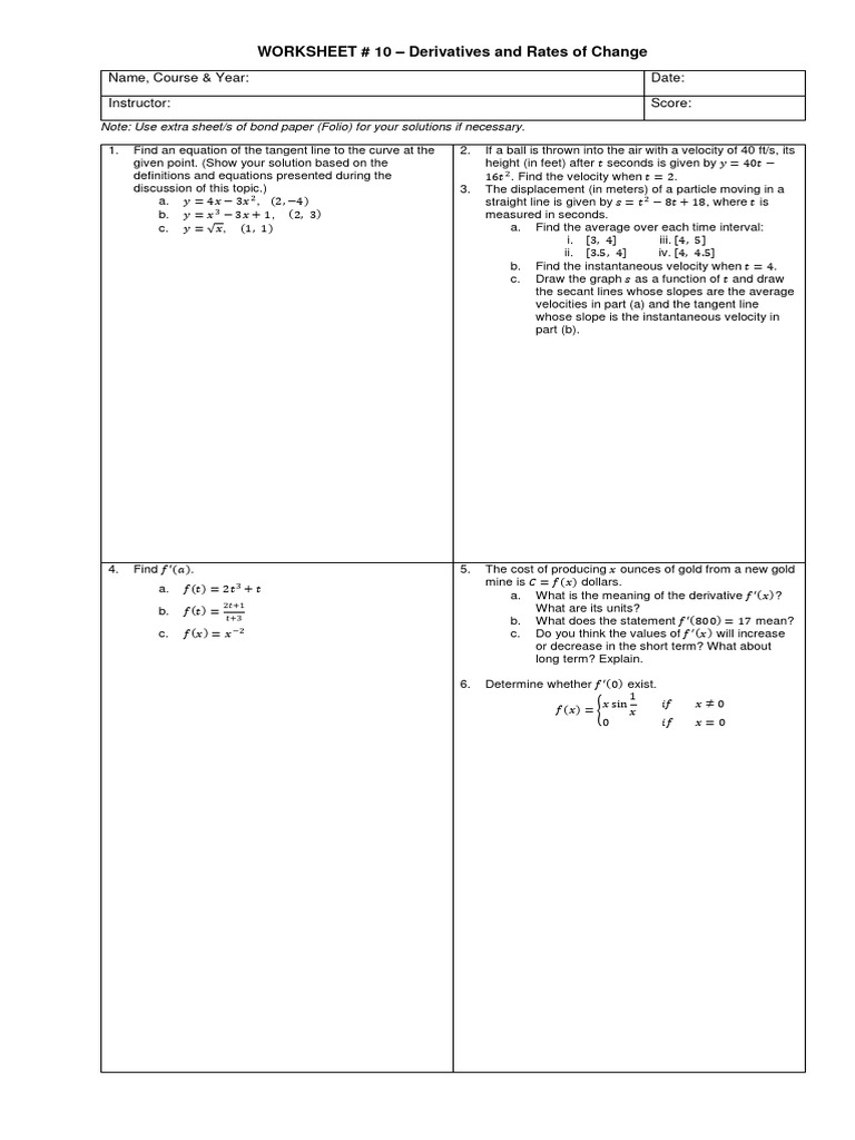 WORKSHEET # 10 - Derivatives and Rates of Change | PDF | Velocity ...