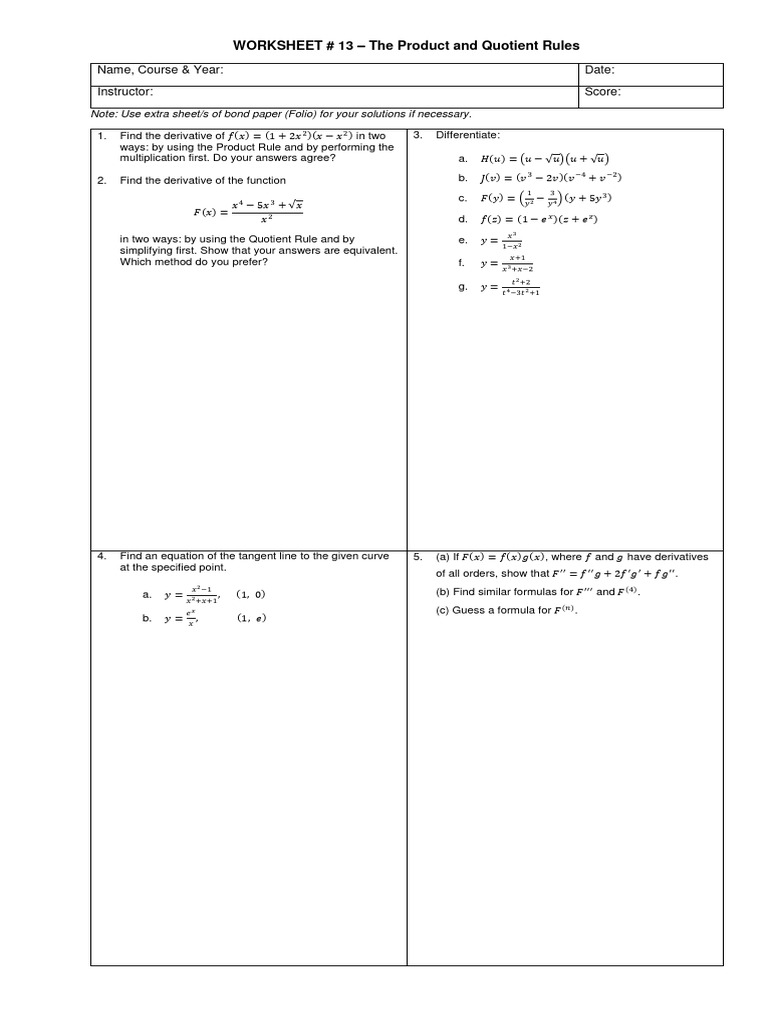 WORKSHEET # 13 - The Product and Quotient Rules | PDF