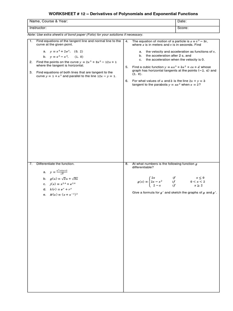 WORKSHEET # 12 - Derivatives of Polynomials and Exponential Functions | PDF | Computers