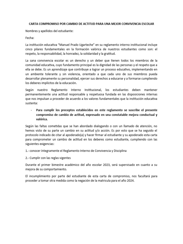 Carta Compromiso Por Cambio de Actitud para Una Mejor Convivencia Escolar | PDF | Estilo de vida