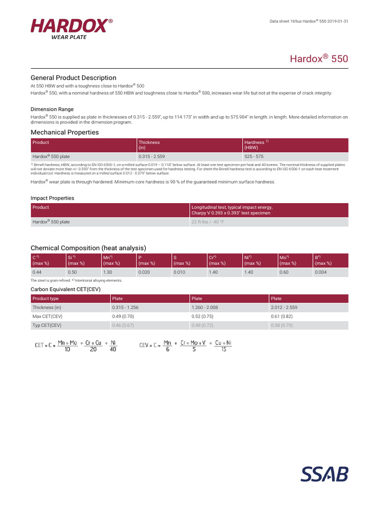 Hardox 550: General Product Description | PDF | Hardness | Heat Treating