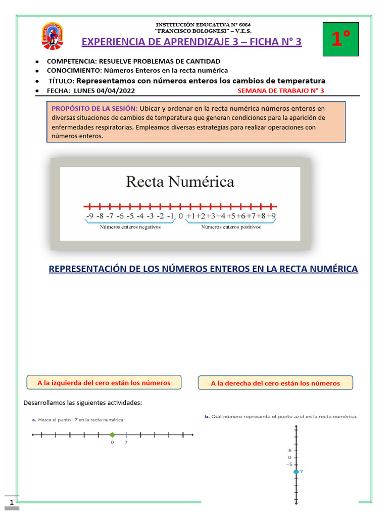 1ero Eda 1 Ficha 3 Z Rect Numer | PDF | Sustracción | Entero