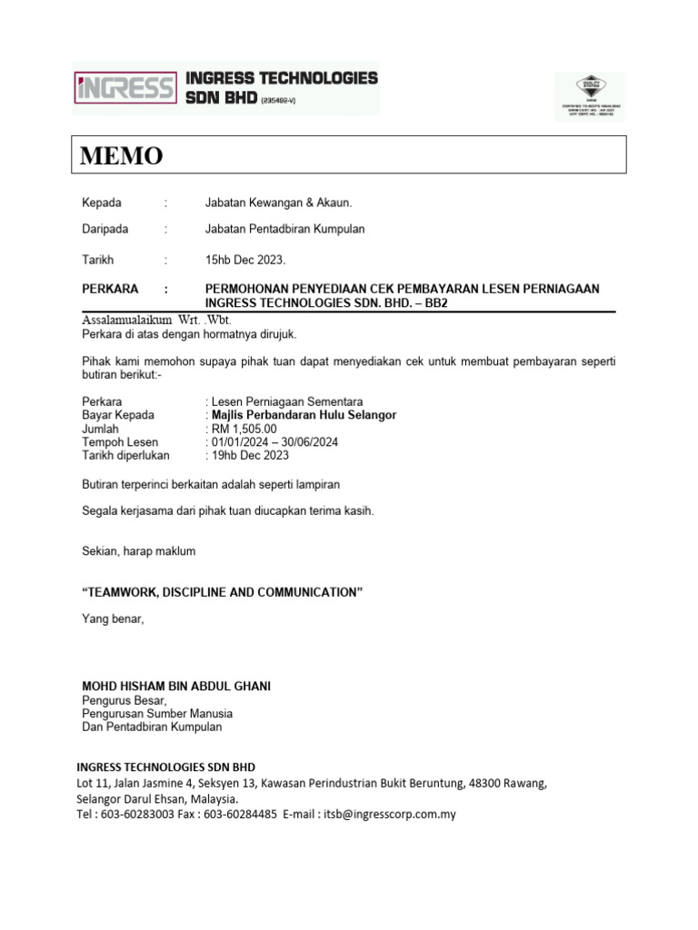 CONTOH Memo Pembayaran LESEN | PDF