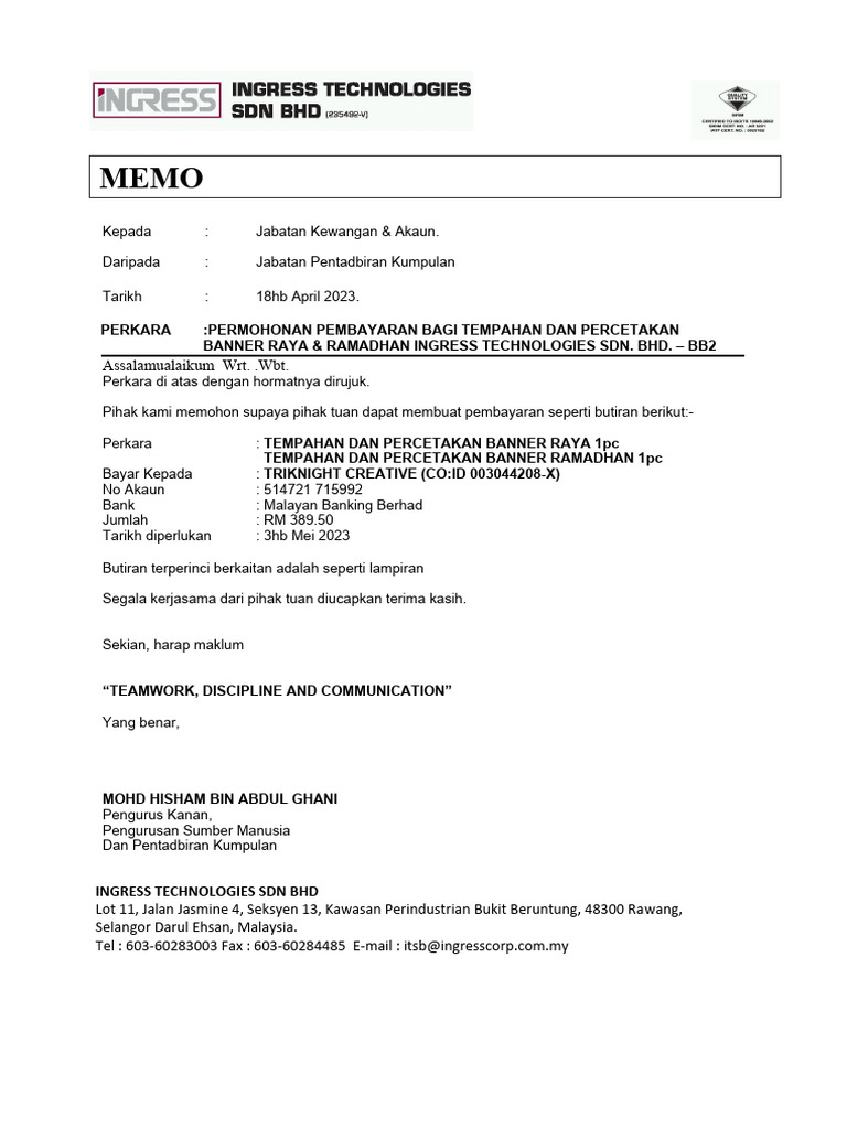 CONTOH Memo Trikknight Banner Raya | PDF