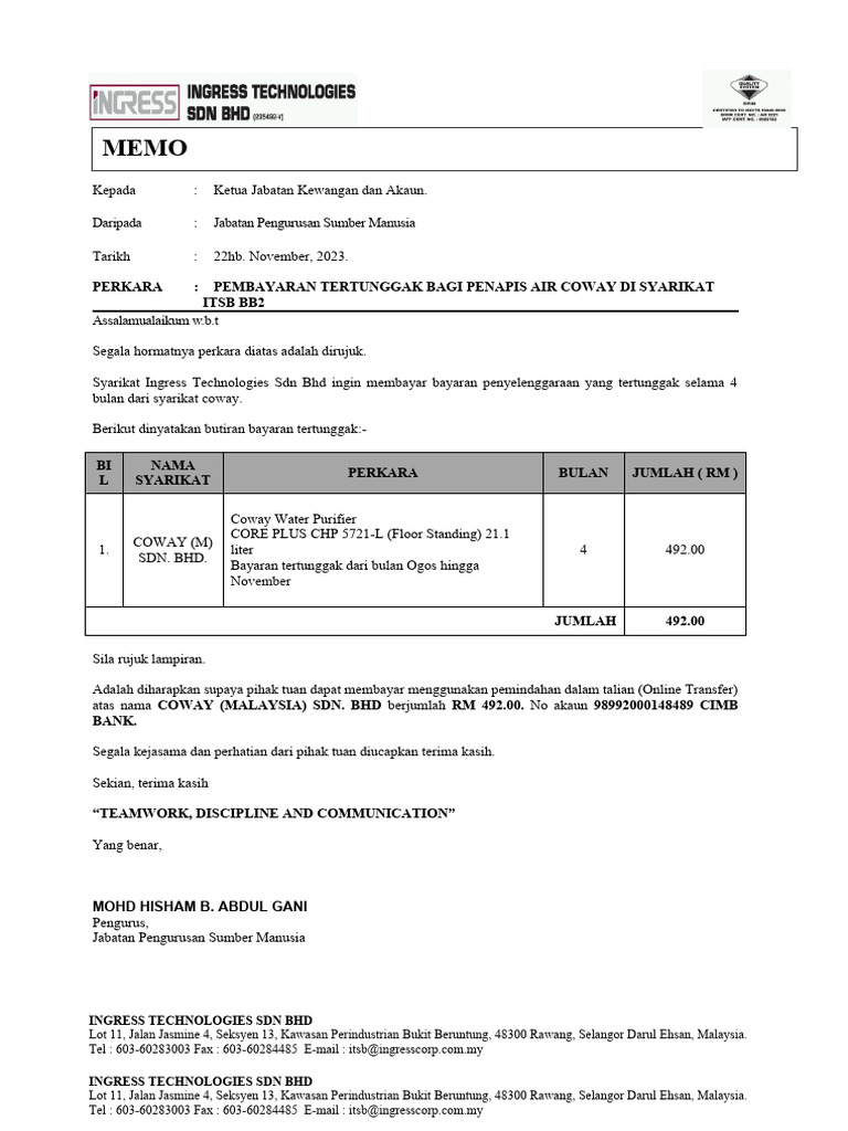 CONTOH Memo PEMBAYARAN Coway | PDF