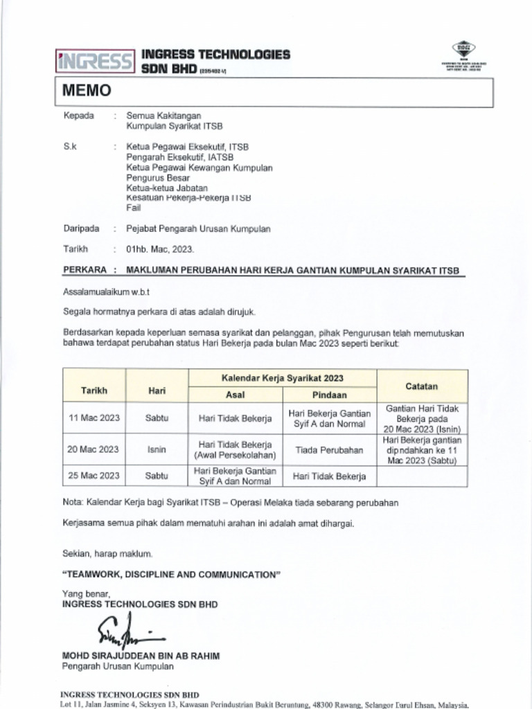 Contoh Memo Perubahan Hari Kerja Gantian | PDF
