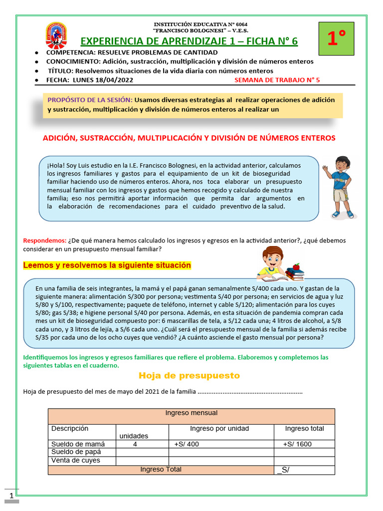 1ero Eda 1 Ficha #6 Oper Z - 2 | Descargar gratis PDF | División (Matemáticas) | Multiplicación