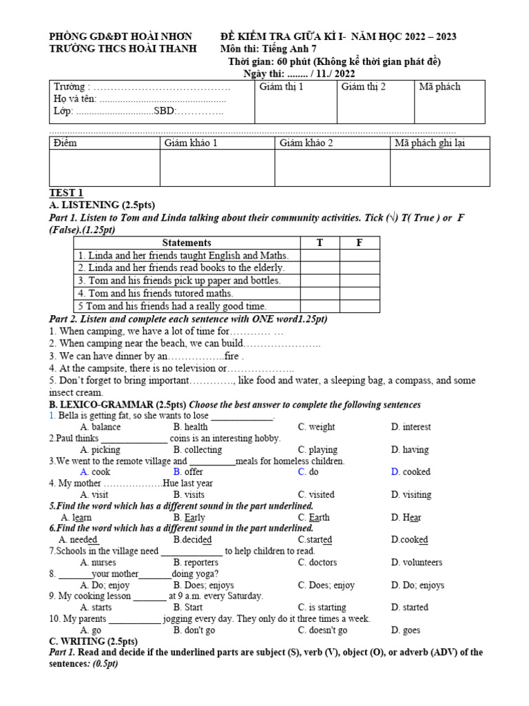 Đề Kt Ghki Anh 7 | PDF