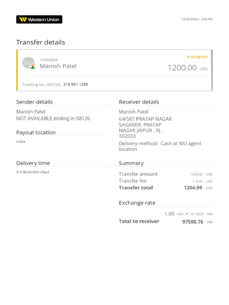 Transfer Details 2166911265 | PDF