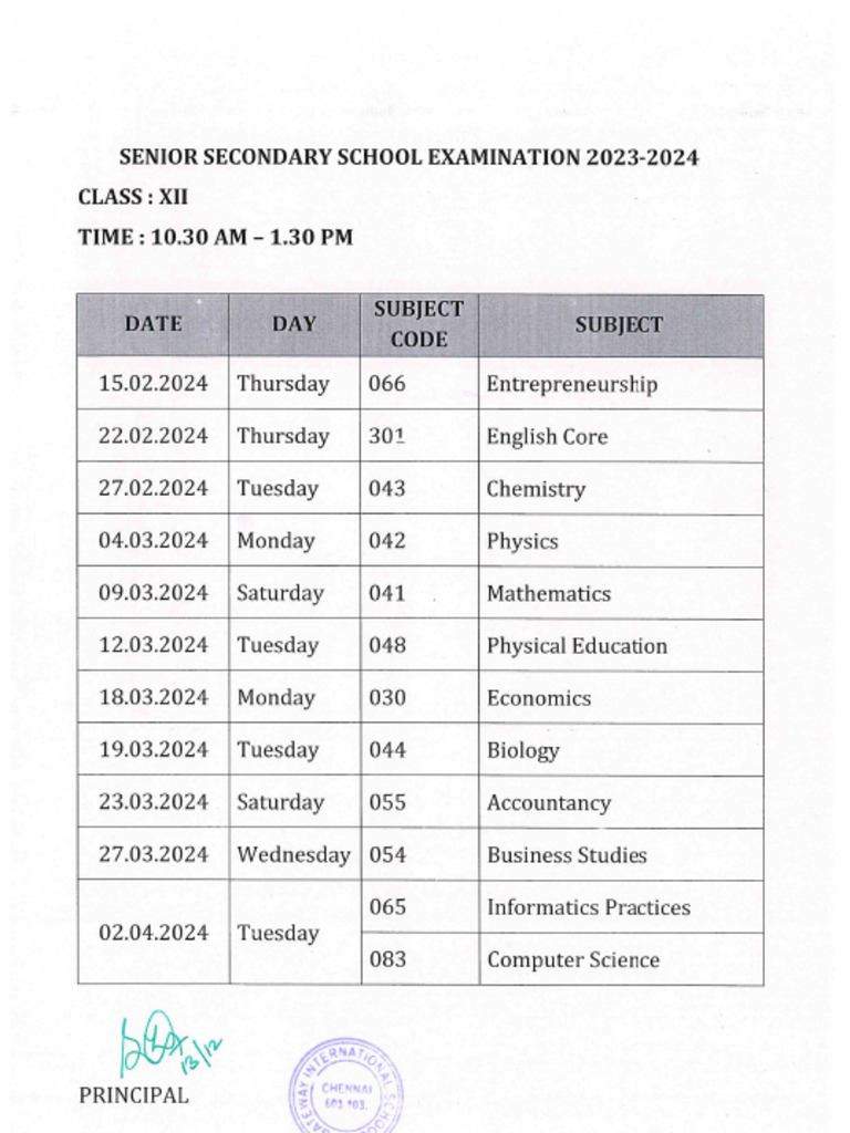 Xii - Cbse - Time Table | PDF