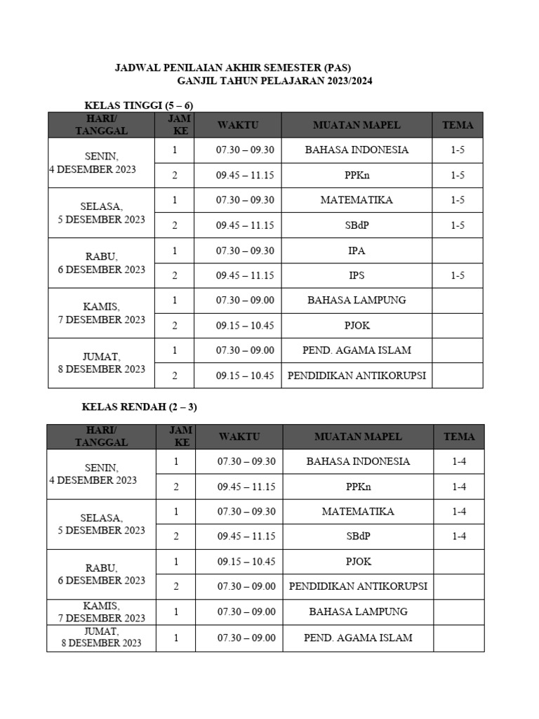 Jadwal Pas Ganjil TP 2023-2024 Edisi Revisi | PDF