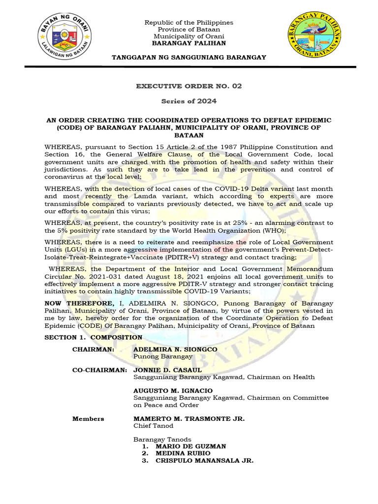 EO-Barangay-CODE | PDF | Global Health | Epidemics