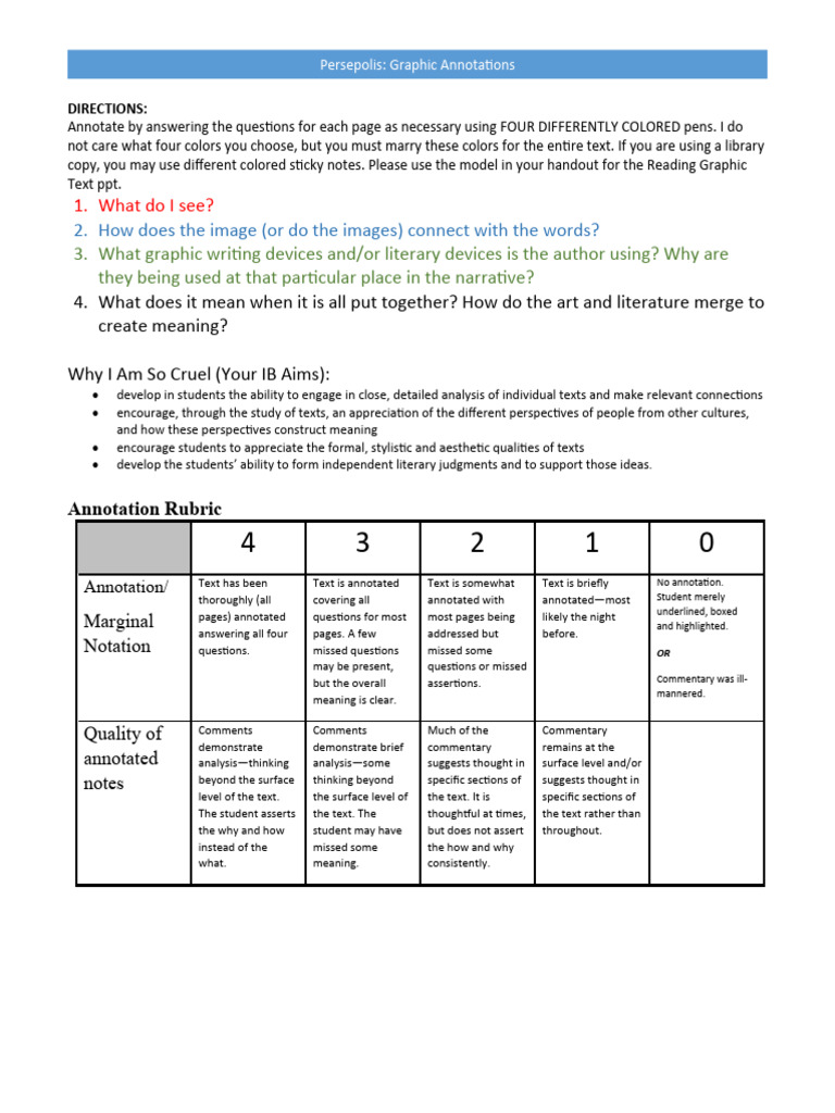 Persepolis Graphic Annotation Guide | PDF | Annotation | Literary Criticism