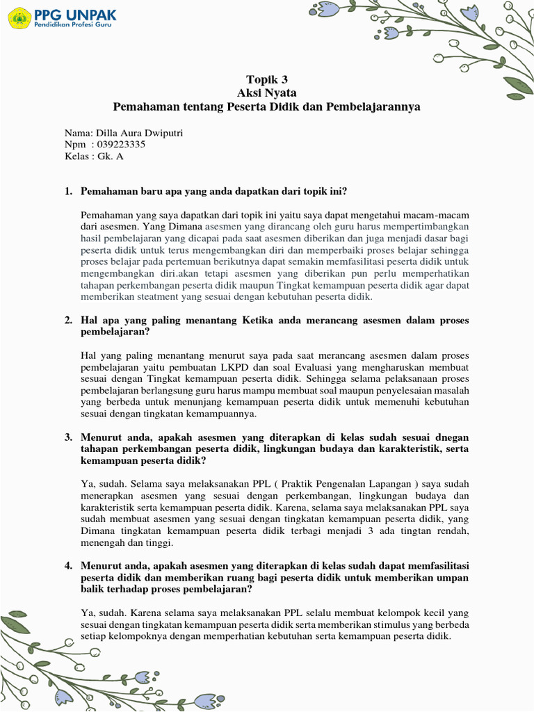 Topik 3 - Aksi Nyata-Pemahaman Peserta Didik Dan Pembelajarannya | PDF