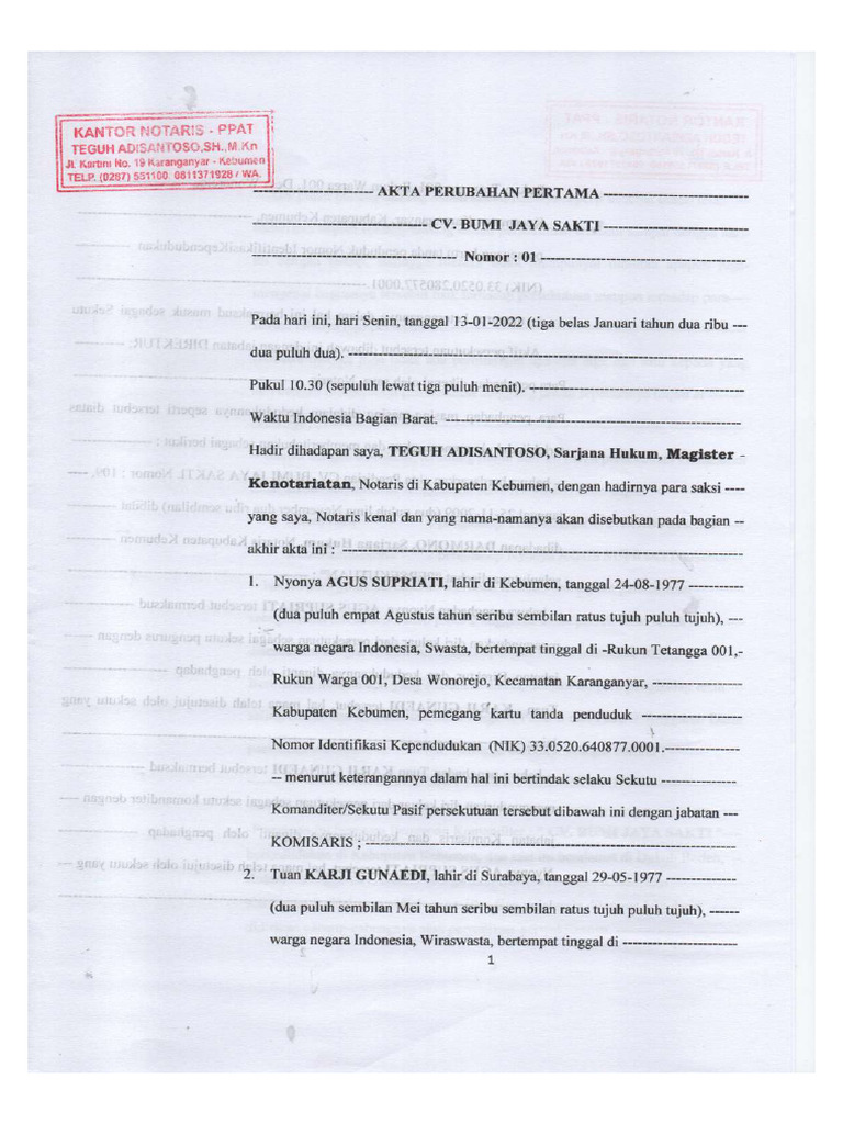 Salinan Akta Perubahan Cv. Bumi Jaya Sakti | PDF