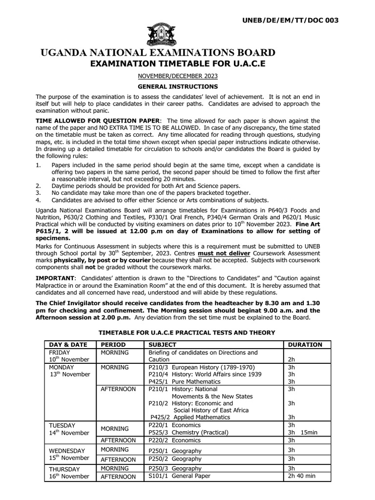 Uace 2023 Time Table | PDF