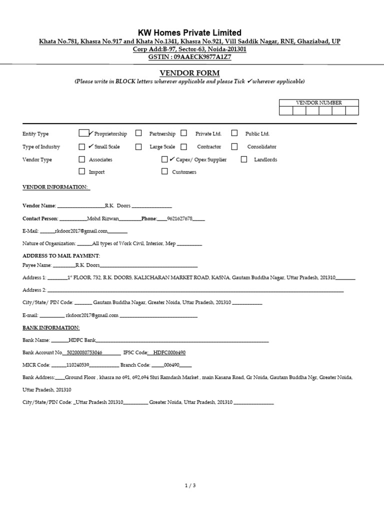 Filled Vendor Form (KW Homes PVT LTD) | PDF | Business | Payments