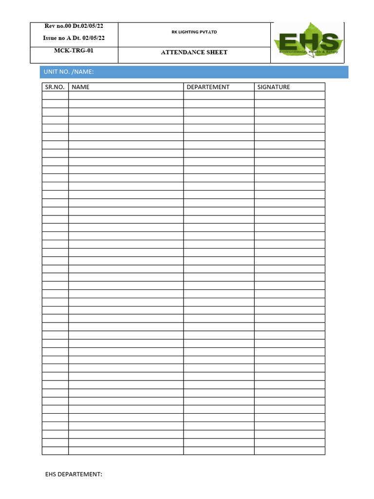 EHS Department Attendance Sheet | PDF | Technology & Engineering
