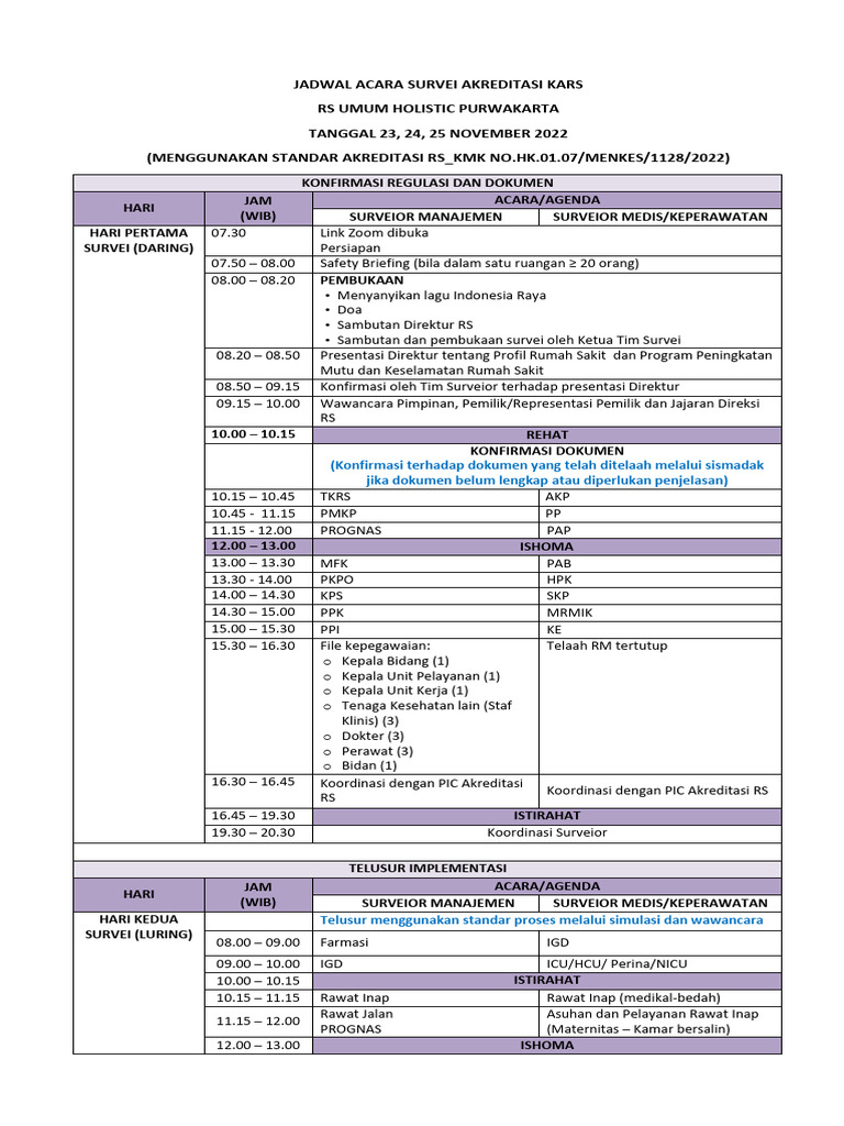 Jadwal Acara Kegiatan Survei Akreditasi RSU Holistic Purwakarta | PDF