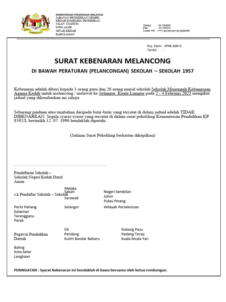 Surat Kebenaran Lawatan JPN Smkak | PDF