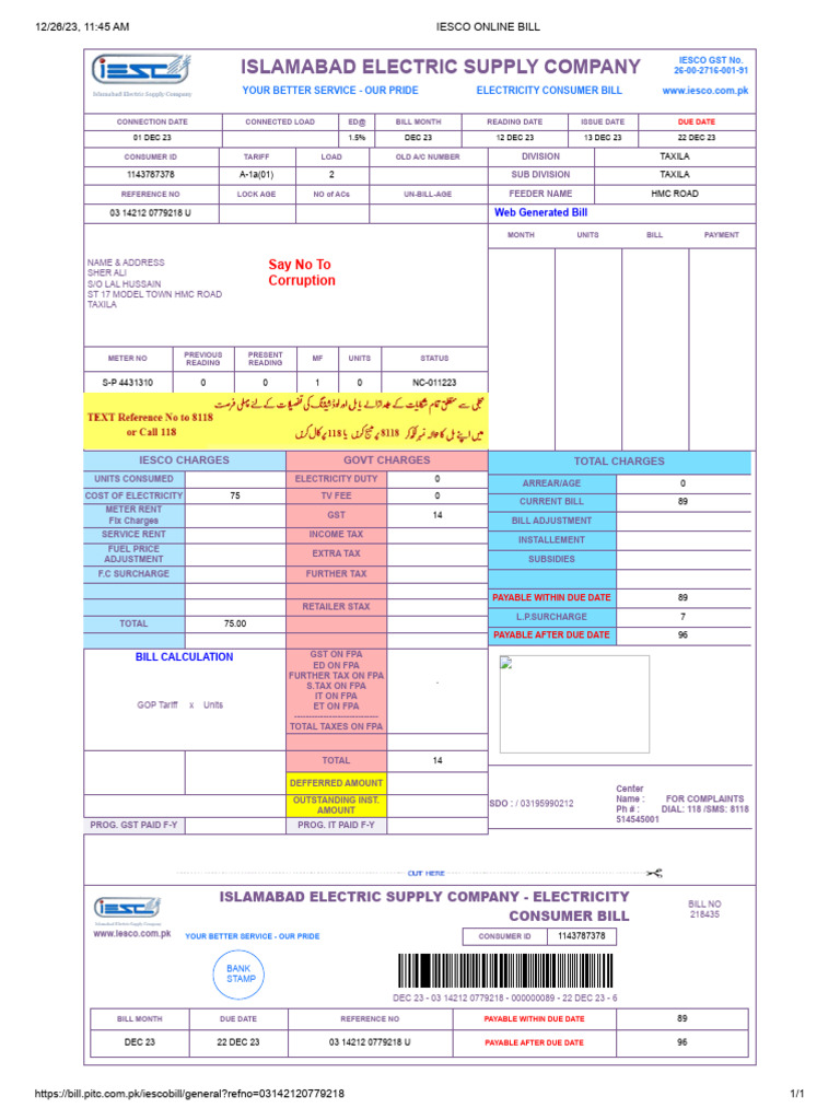 Iesco Online Bill December | PDF | Taxes | Fee