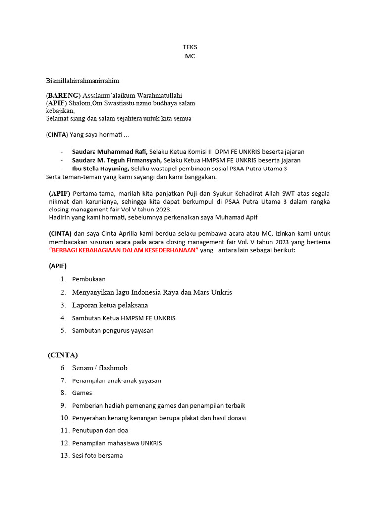 Teks MC Closing Mfair | PDF