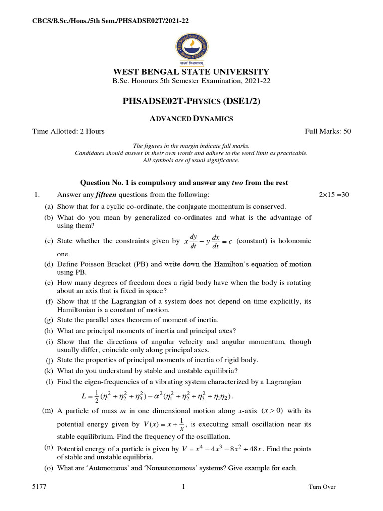 Advance Dynamics 2021 | PDF | Rotation Around A Fixed Axis | Lagrangian ...
