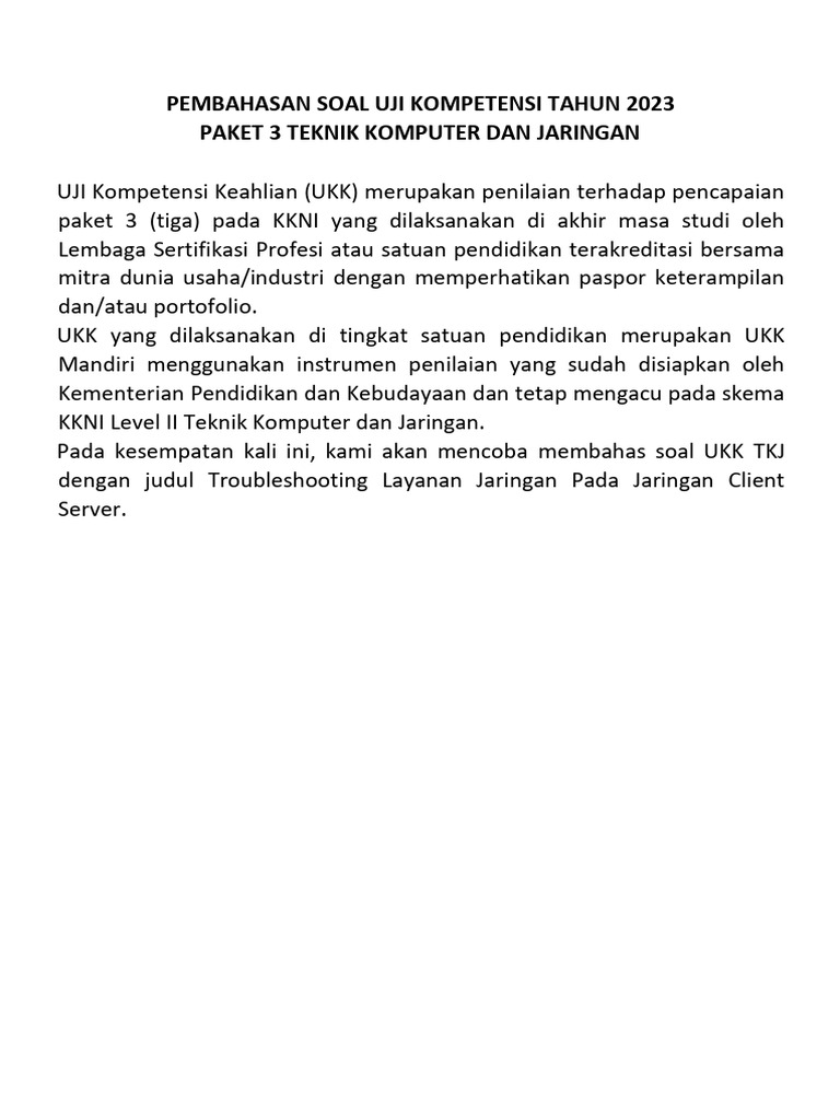 Pembahasan UKK TKJ Paket 3 Tahun 2023 | PDF