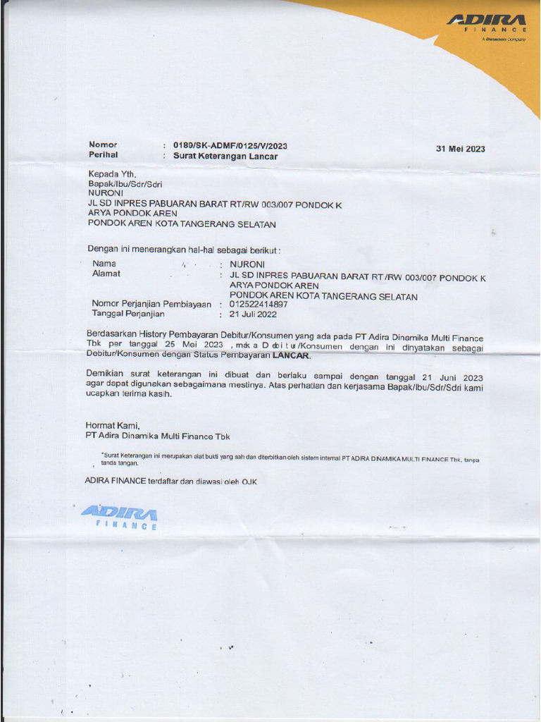 Surat Keterangan Adira Nur | PDF